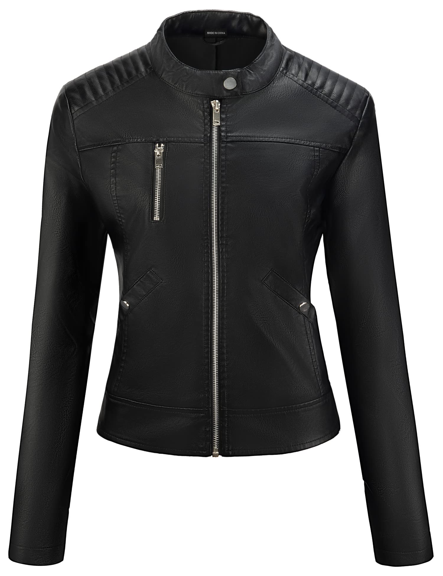 URBEST Women's Faux Leather Jacket Black Motorcycle Moto Biker Short Coat