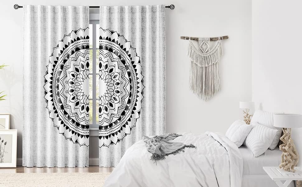 FMFUNCTEX 100% Blackout Curtains for Bedroom, Black Medallion Patterned Curtains 96 Inches Long for Living Room, Mandala Thermal Insulated Drapes Room Darkening Grommet Top 2 Panels