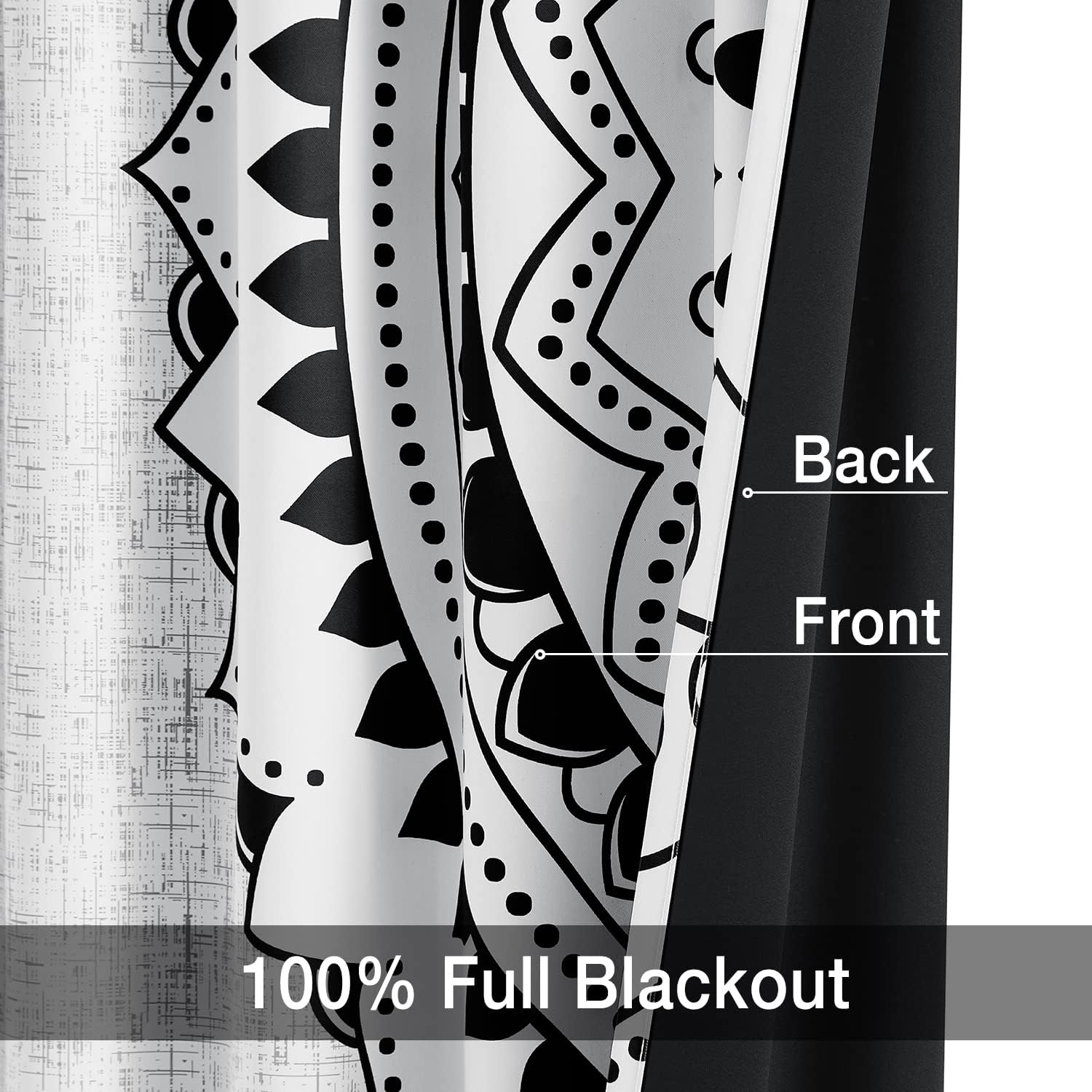 FMFUNCTEX 100% Blackout Curtains for Bedroom, Black Medallion Patterned Curtains 96 Inches Long for Living Room, Mandala Thermal Insulated Drapes Room Darkening Grommet Top 2 Panels