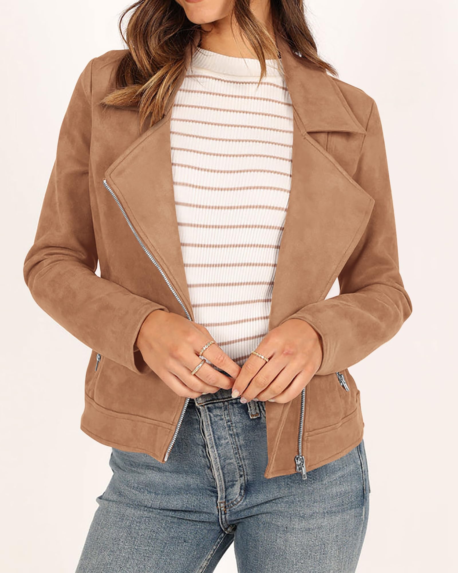 KIRUNDO Women's Trendy Stand Collar Faux Suede Jackets 2024 Fashion Solid Slim Moto Zipper Jacket Coats(Camel, Small)