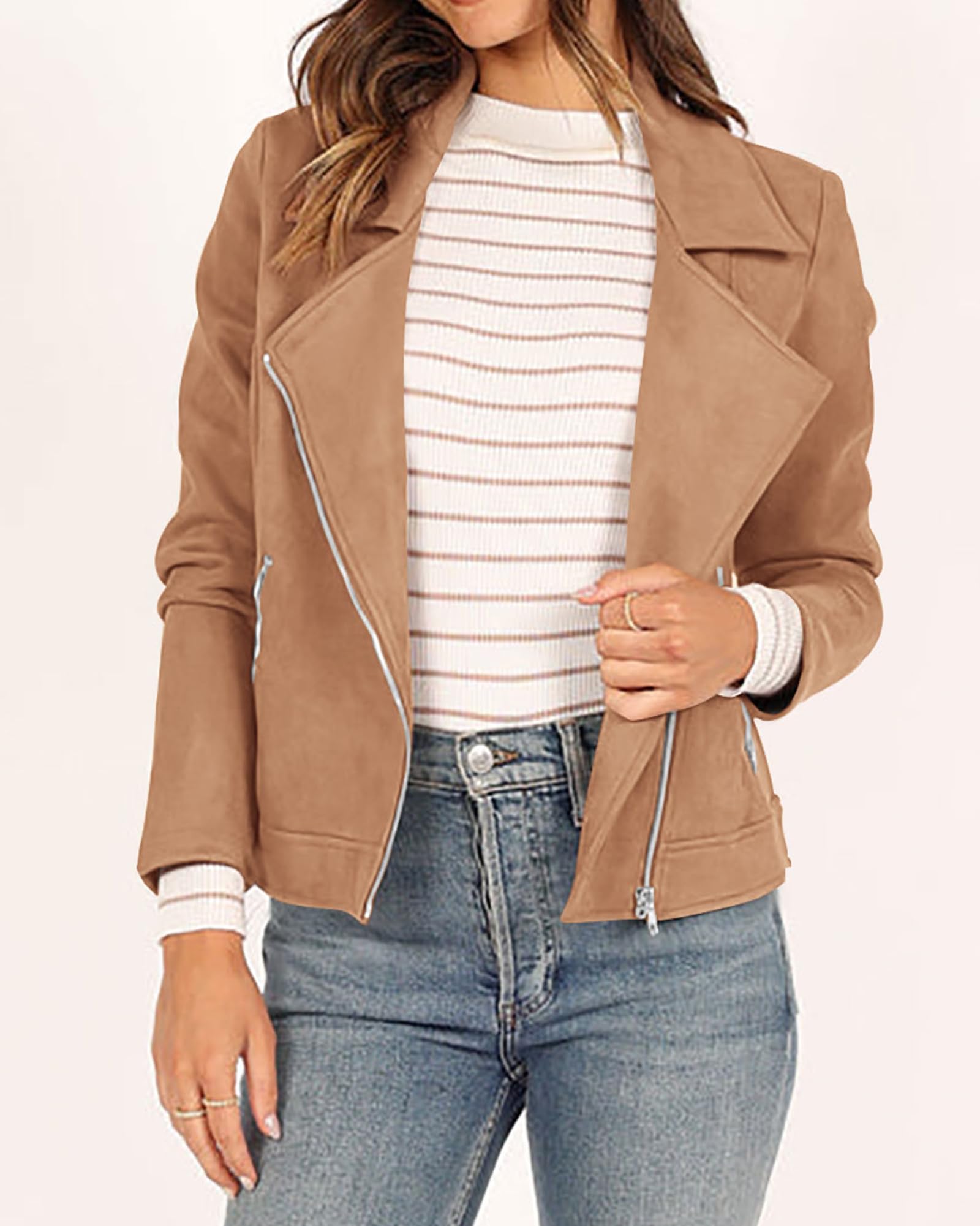 KIRUNDO Women's Trendy Stand Collar Faux Suede Jackets 2024 Fashion Solid Slim Moto Zipper Jacket Coats(Camel, Small)