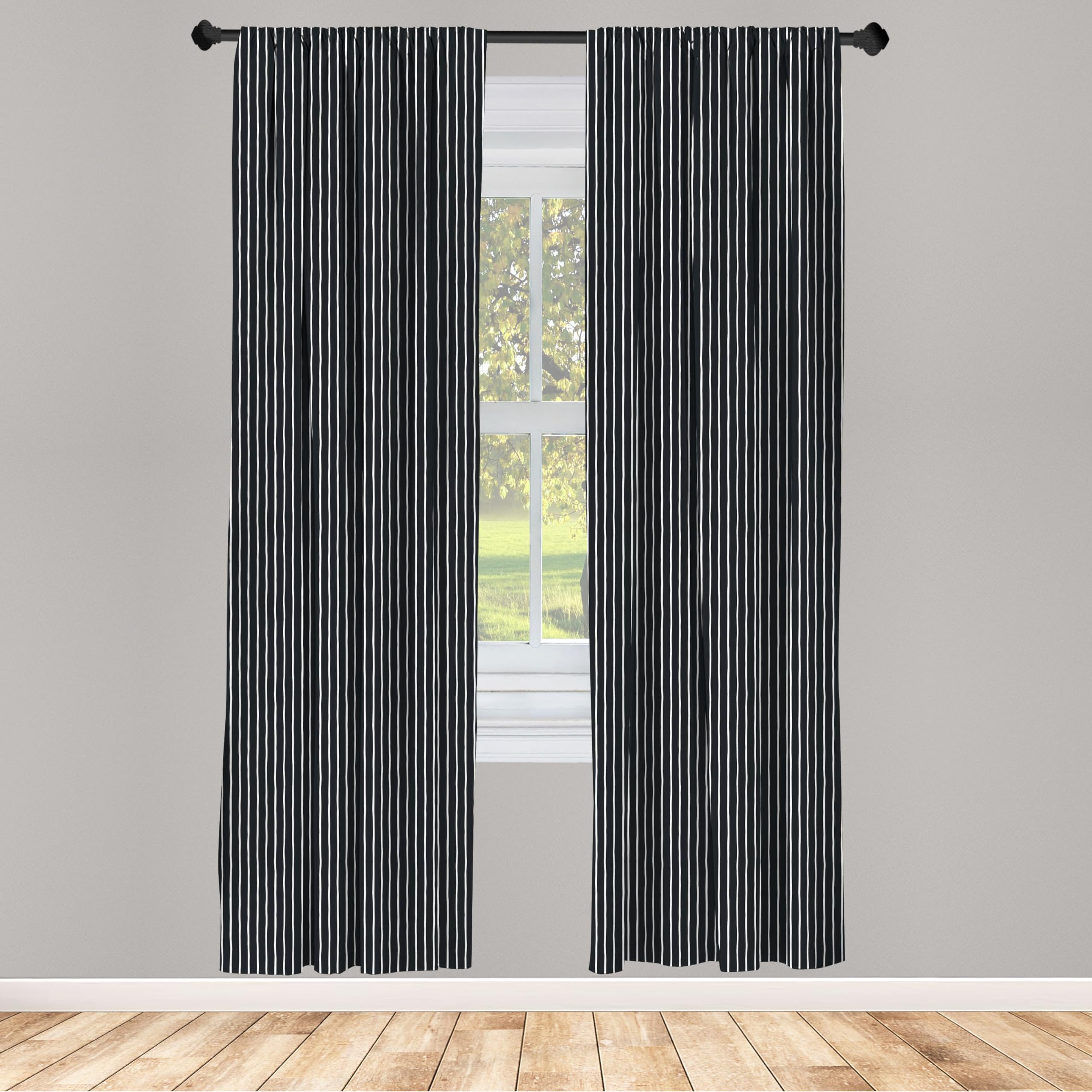 Ambesonne Pinstripe Window Curtains, Monochrome Black and White Design White Thin Uneven Lines on Dark Backdrop, Lightweight Decor 2-Panel Set with Rod Pocket, Pair of - 28" x 84", Black White