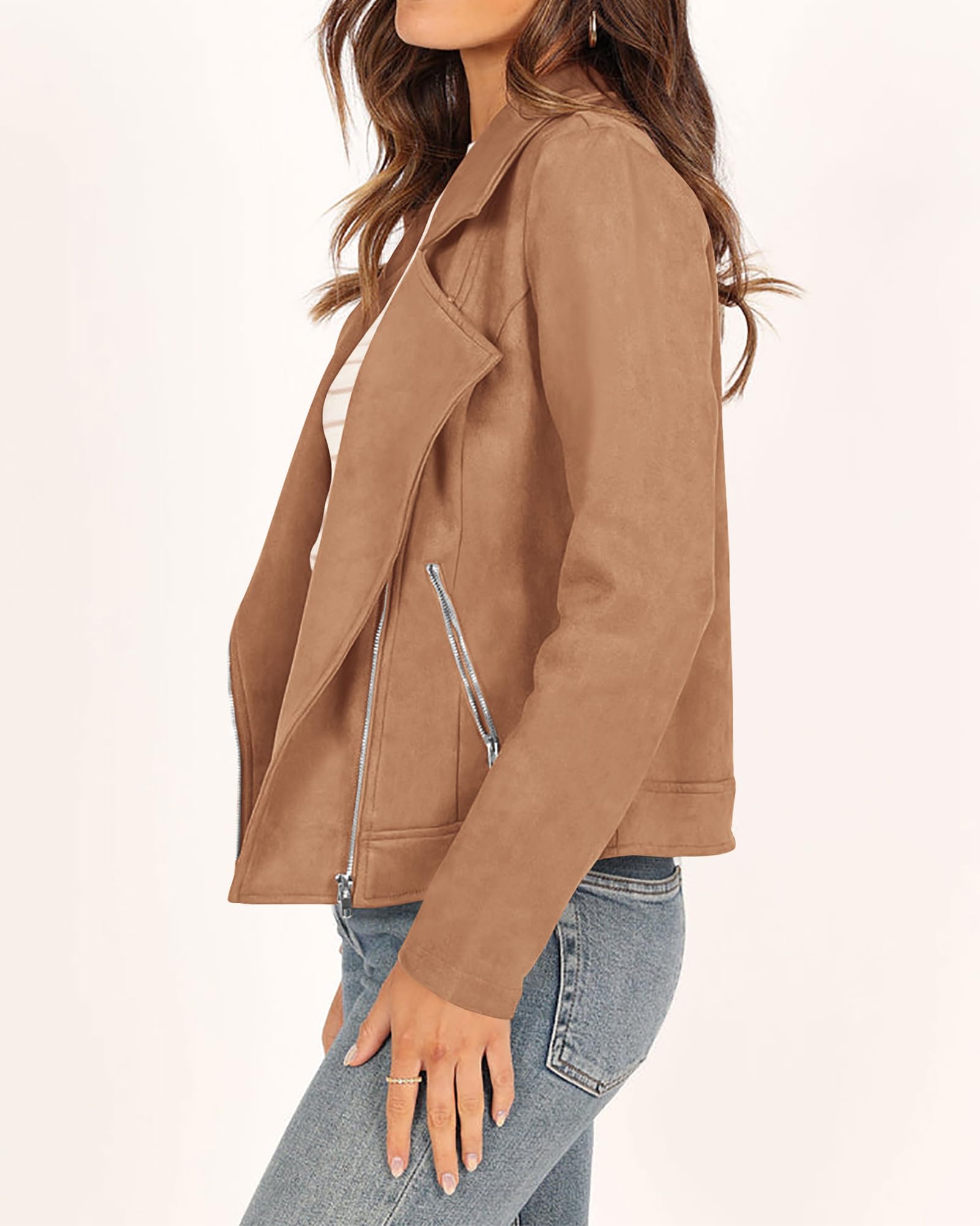 KIRUNDO Women's Trendy Stand Collar Faux Suede Jackets 2024 Fashion Solid Slim Moto Zipper Jacket Coats(Camel, Small)