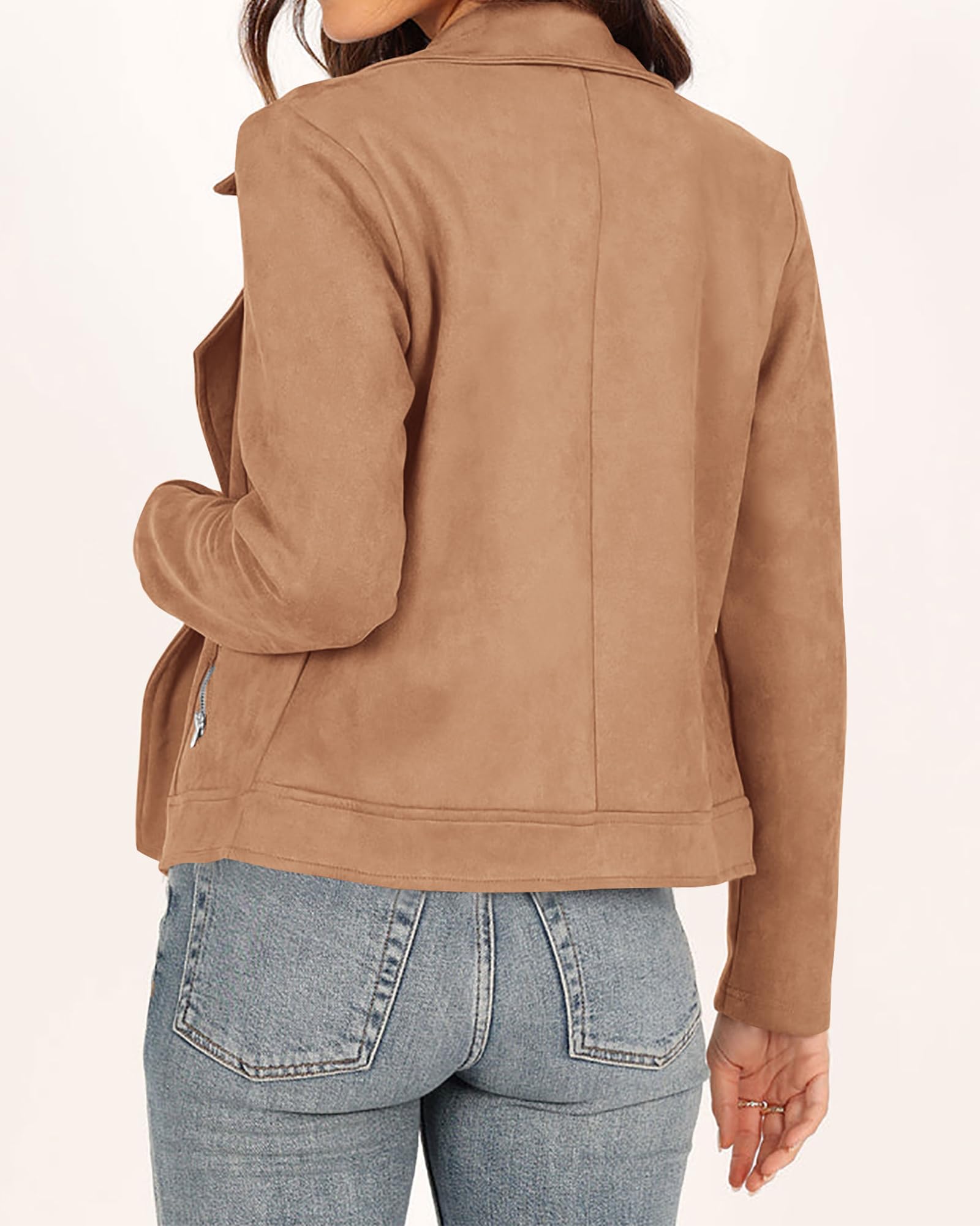 KIRUNDO Women's Trendy Stand Collar Faux Suede Jackets 2024 Fashion Solid Slim Moto Zipper Jacket Coats(Camel, Small)
