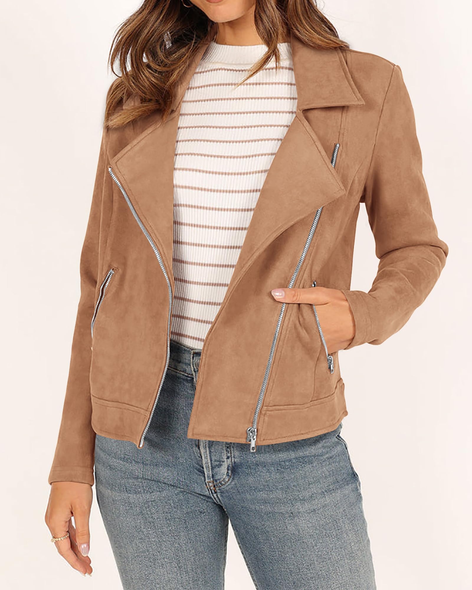 KIRUNDO Women's Trendy Stand Collar Faux Suede Jackets 2024 Fashion Solid Slim Moto Zipper Jacket Coats(Camel, Small)