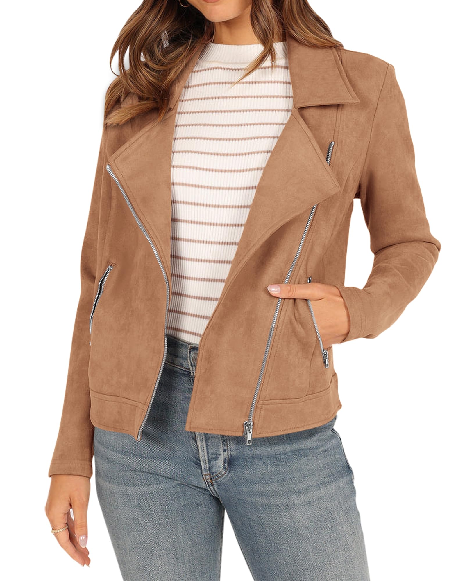 KIRUNDO Women's Trendy Stand Collar Faux Suede Jackets 2024 Fashion Solid Slim Moto Zipper Jacket Coats(Camel, Small)