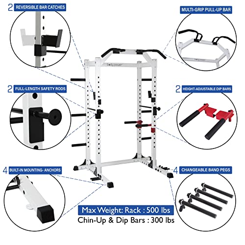 body power], 1st Gen Sturdy Deluxe Rack Cage with Accessories, Power Rack, Power Tower, Pull-Up Bar, Squat Rack, Attachments, Safety Bars, Built-in Floor-Mount Anchors, White, SMU6200