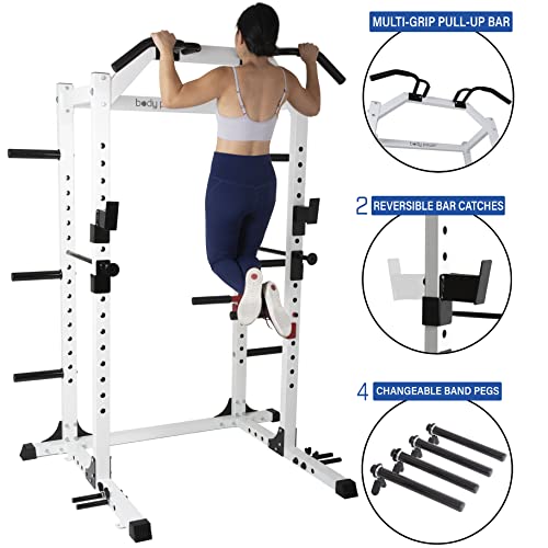 body power], 1st Gen Sturdy Deluxe Rack Cage with Accessories, Power Rack, Power Tower, Pull-Up Bar, Squat Rack, Attachments, Safety Bars, Built-in Floor-Mount Anchors, White, SMU6200
