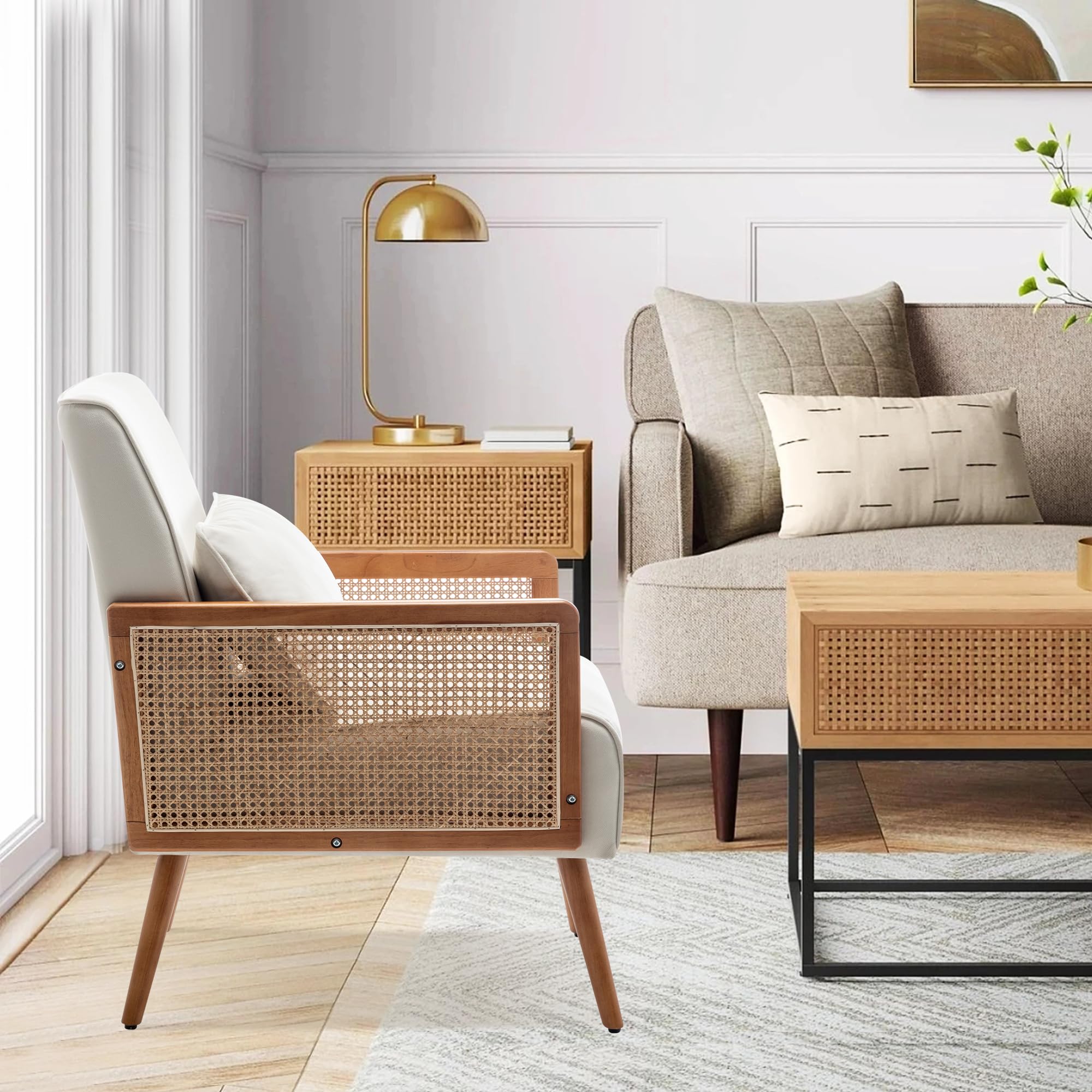 Mid Century Rattan Accent Chair Set of 2, Wooden Upholstered Leisure Armchair with Rattan Armrest, Modern Comfy Reading Accent Chair, for Living Room Bedroom Lounge Side Boho Club Chair, Beige