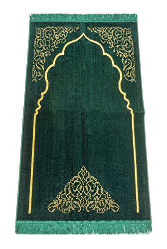 Velvet Muslim Prayer Rug | Thick | Janamaz | Sajadah | Soft Islamic Prayer Rug | Islamic Gifts | Prayer Carpet Mat, Elegant,Green