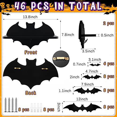 Wood Gothic Home Decor 2 Sets Wood Bat Shelf with 28 Pieces Plastic Bat Wall Stickers Wooden Bat Floating Shelves with Screws Wood Halloween Christmas Display Shelves Wall Decor Halloween Wall Decals
