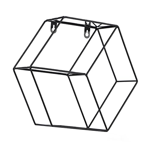 EPMANN Wrought Iron Wall Shelf, Wall Mounted Floating Shelf Hexagonal Shelf Retro Flower Stand Display Stand for Bedroom Living Room Office(Black)