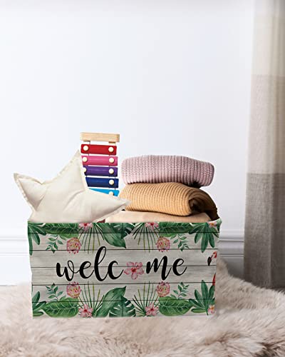 Storage Basket Tropical Plants Flower Large Foldable Storage Bins with Handles Flamingo Palm Leaf Wood Grain Waterproof Fabric Laundry Baskets for Organizing Shelves Closet Toy Gifts Bedroom Home Decor
