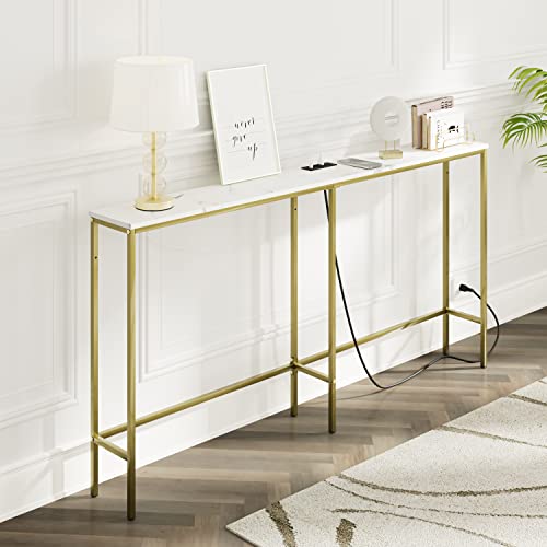 SONGXIN 63 Inch Console Table with Power Outlet,Modern Narrow Long Sofa Table Behind Couch,Skinny Entry Table with Gold Metal Frame for Entryway,Living Room, Hallway,Marble White