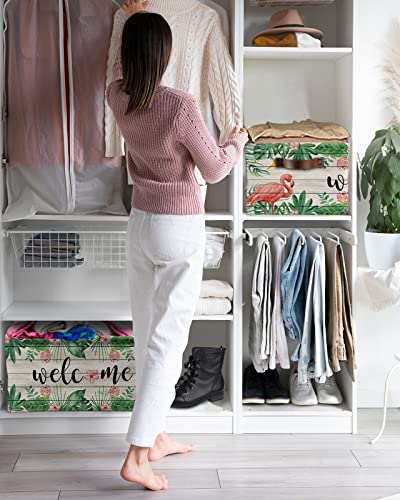 Storage Basket Tropical Plants Flower Large Foldable Storage Bins with Handles Flamingo Palm Leaf Wood Grain Waterproof Fabric Laundry Baskets for Organizing Shelves Closet Toy Gifts Bedroom Home Decor