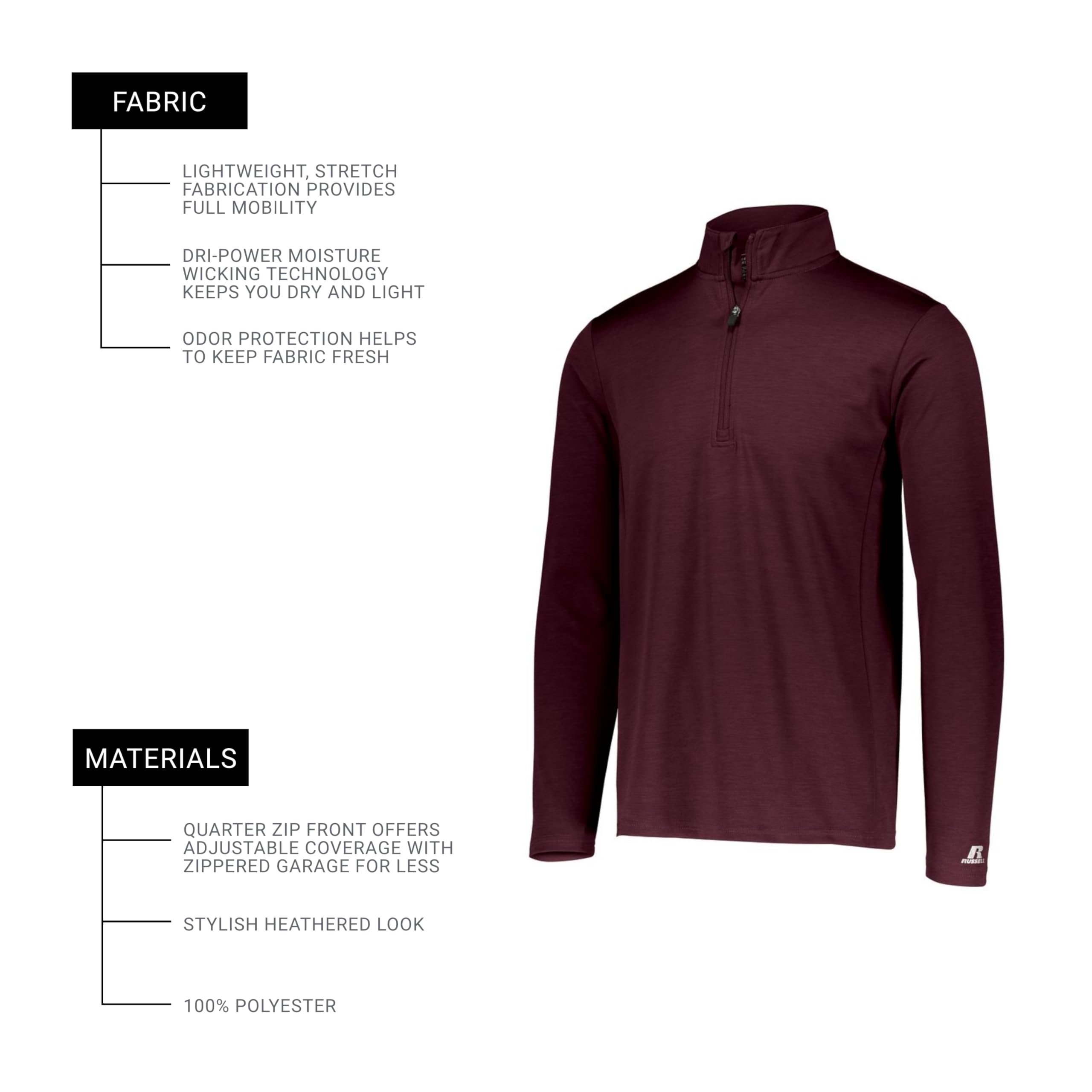 Russell Athletic Men's Lightweight Performance 1/4 Zip Outerwear, Maroon, L