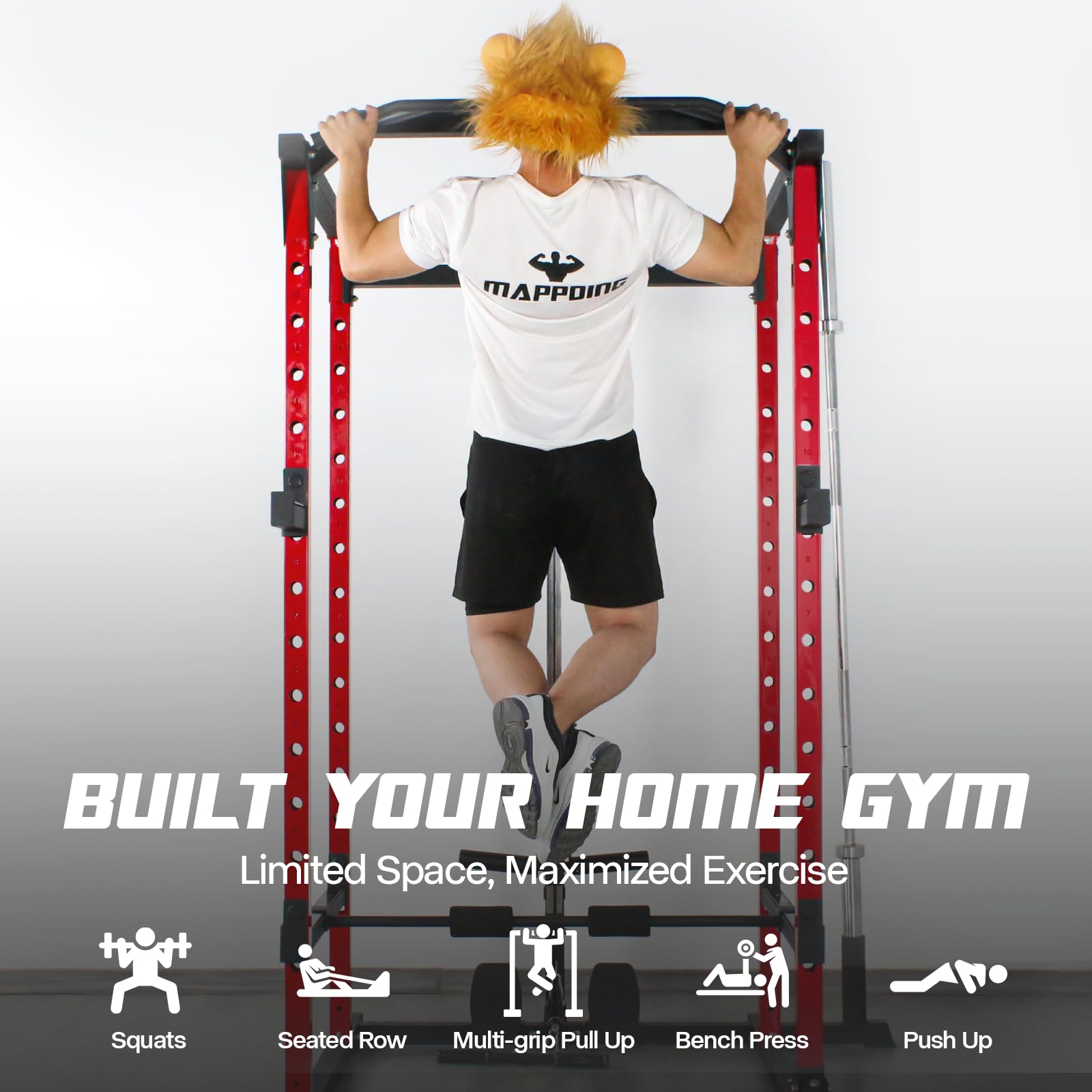 Mappding 1500 LBS Power Cage, Squat Rack for Home Gym with LAT Pullup System with 3 Grip Variations, Leg Hold-Down Attachment, Weight Cage with More Training Attachment for Garage Workout, Q2 Red
