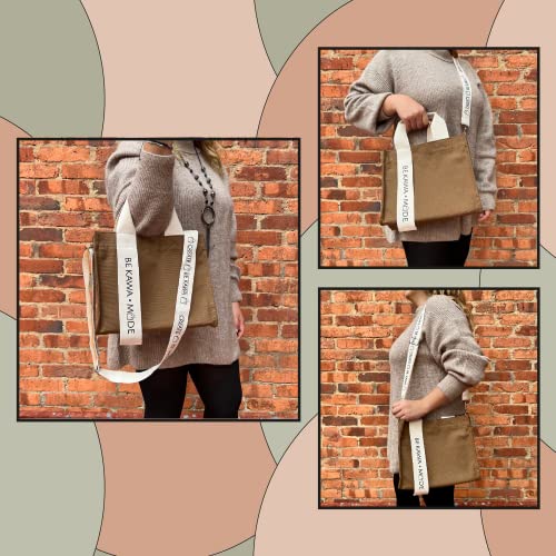 be kawa Tote Bag of Canvas Cotton Minimalist Handbag Perfect Pockets Medium Size Fashion Crossbody Bag Comfortable Strap (BROWN)