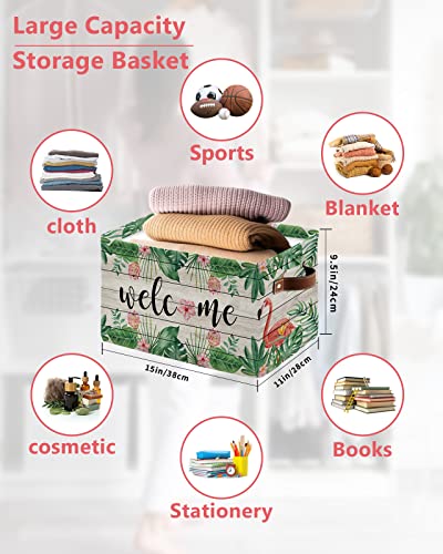 Storage Basket Tropical Plants Flower Large Foldable Storage Bins with Handles Flamingo Palm Leaf Wood Grain Waterproof Fabric Laundry Baskets for Organizing Shelves Closet Toy Gifts Bedroom Home Decor