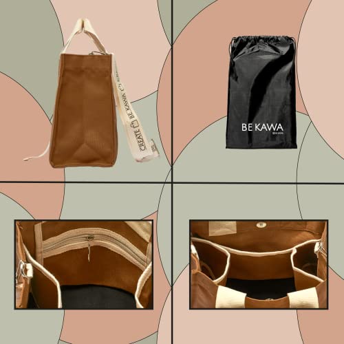 be kawa Tote Bag of Canvas Cotton Minimalist Handbag Perfect Pockets Medium Size Fashion Crossbody Bag Comfortable Strap (BROWN)