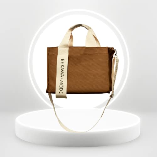 be kawa Tote Bag of Canvas Cotton Minimalist Handbag Perfect Pockets Medium Size Fashion Crossbody Bag Comfortable Strap (BROWN)
