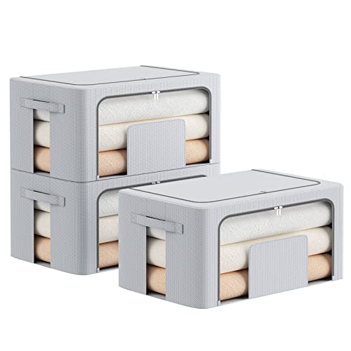 FAikhom 3 Pack Stackable Storage Bins- Foldable Metal Frame Storage Box Oxford Fabric Stackable Clothes Container Organizer with clear Window & Carry Handles (22L, Grey)