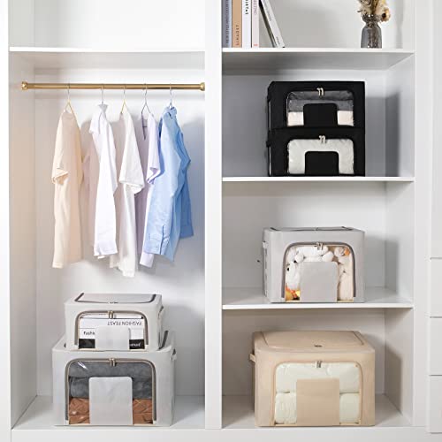 FAikhom 3 Pack Stackable Storage Bins- Foldable Metal Frame Storage Box Oxford Fabric Stackable Clothes Container Organizer with clear Window & Carry Handles (22L, Grey)