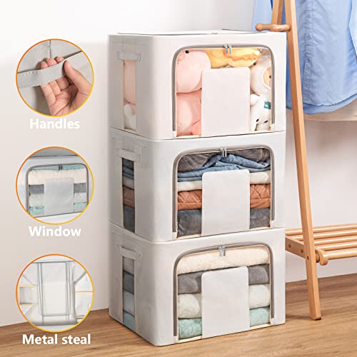 FAikhom 3 Pack Stackable Storage Bins- Foldable Metal Frame Storage Box Oxford Fabric Stackable Clothes Container Organizer with clear Window & Carry Handles (22L, Grey)