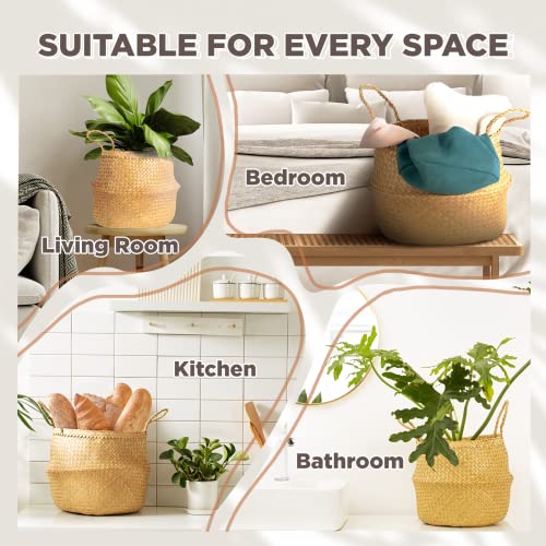 Yes4All Woven Seagrass Plant Basket, Handwoven Belly Basket For Plants, Wicker Planter Basket, Foldable Seagrass Belly Basket for Storage, Large Plant Baskets Indoor (Large Size 13.4 inches)