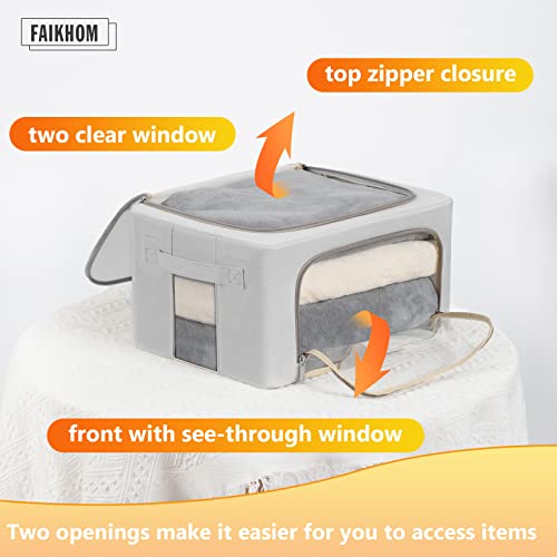 FAikhom 3 Pack Stackable Storage Bins- Foldable Metal Frame Storage Box Oxford Fabric Stackable Clothes Container Organizer with clear Window & Carry Handles (22L, Grey)