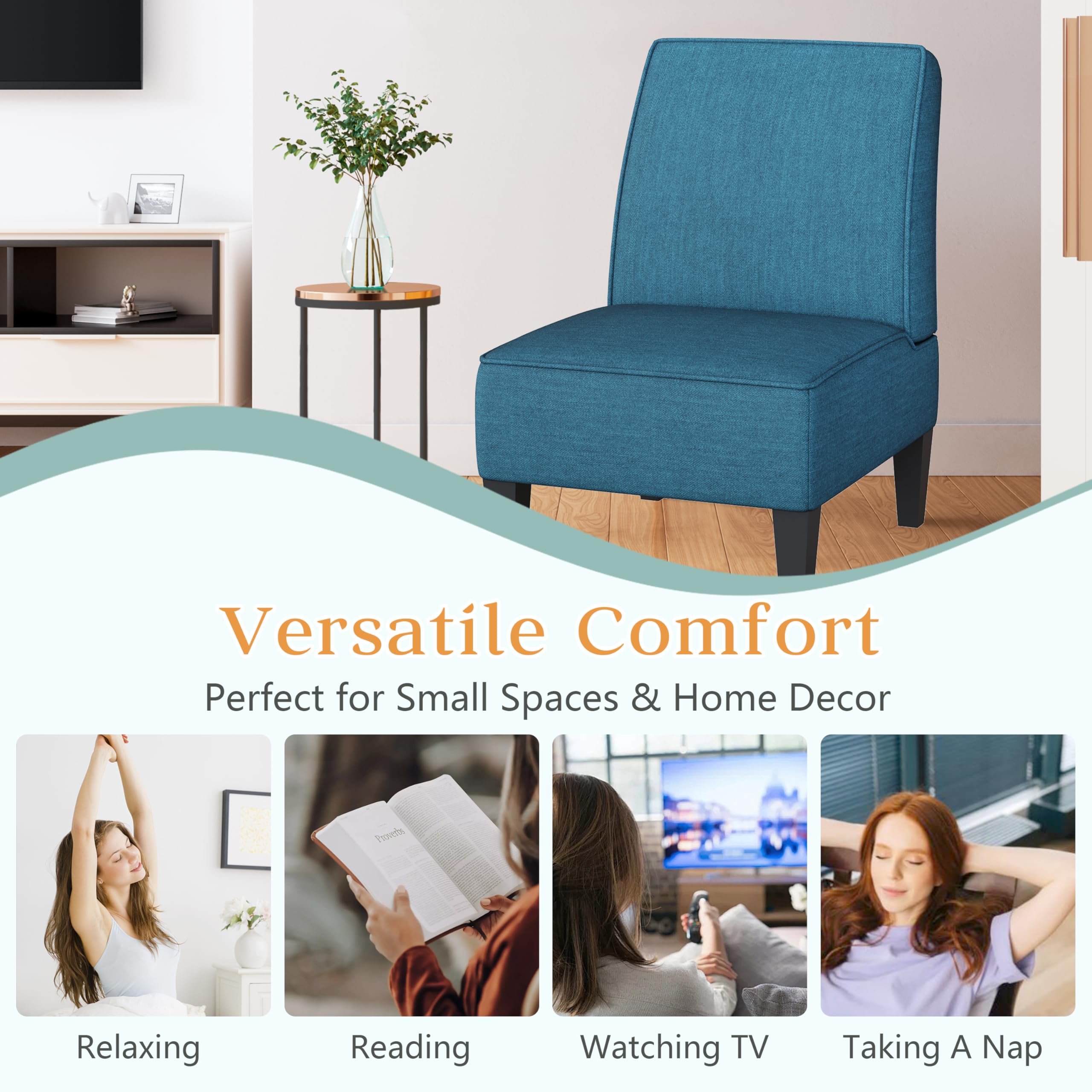 ALISH Accent Chairs Set of 2 Upholstered Living Room Chairs Armless Side Chairs Bedroom Chairs with Curved Backrest and Wooden Legs Blue