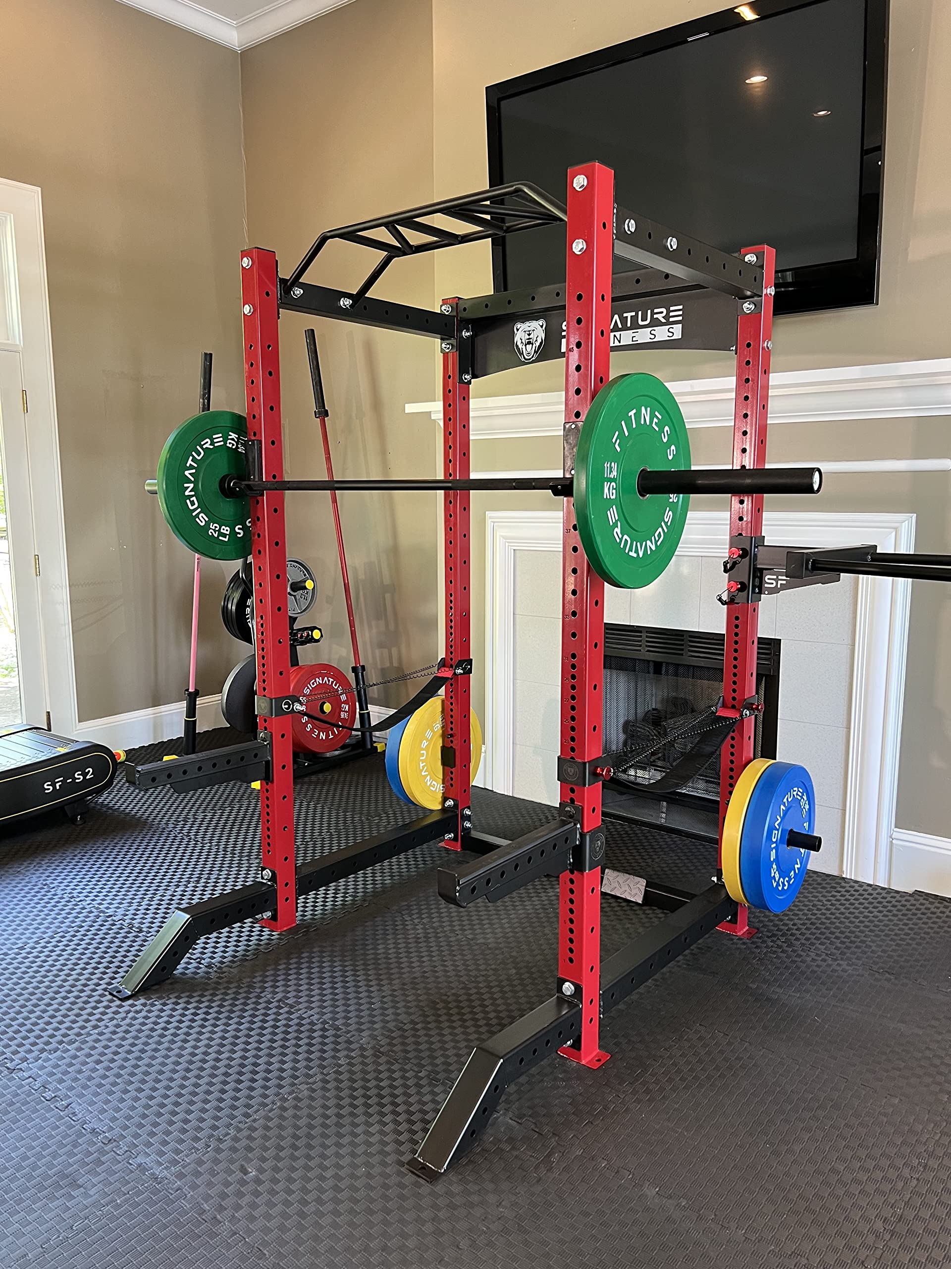 Signature Fitness SF-3 1,500 Pound Capacity 3β x 3β Power Cage Squat Rack, Includes J-Hooks and Safety Straps, Other Optional Accessories, Red