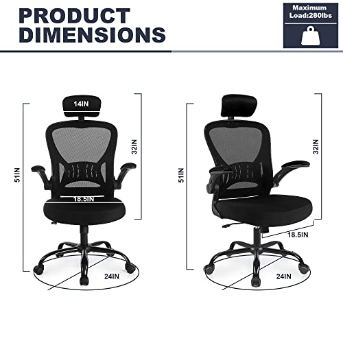 Office Chair Ergonomic Desk Chair Comfort Adjustable Height with Wheels,Lumbar Support Mesh Swivel Computer Home Office Study Task Chair Black