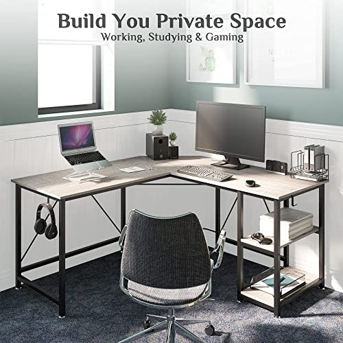 Klvied L Shaped Desk, Large Computer Desk, Office Desk with Storage Shelves, Corner Desks for Home Office, Reversible Writing Desk, Space-Saving Workstation Desk, Modern Simple Wooden Desk, Grey