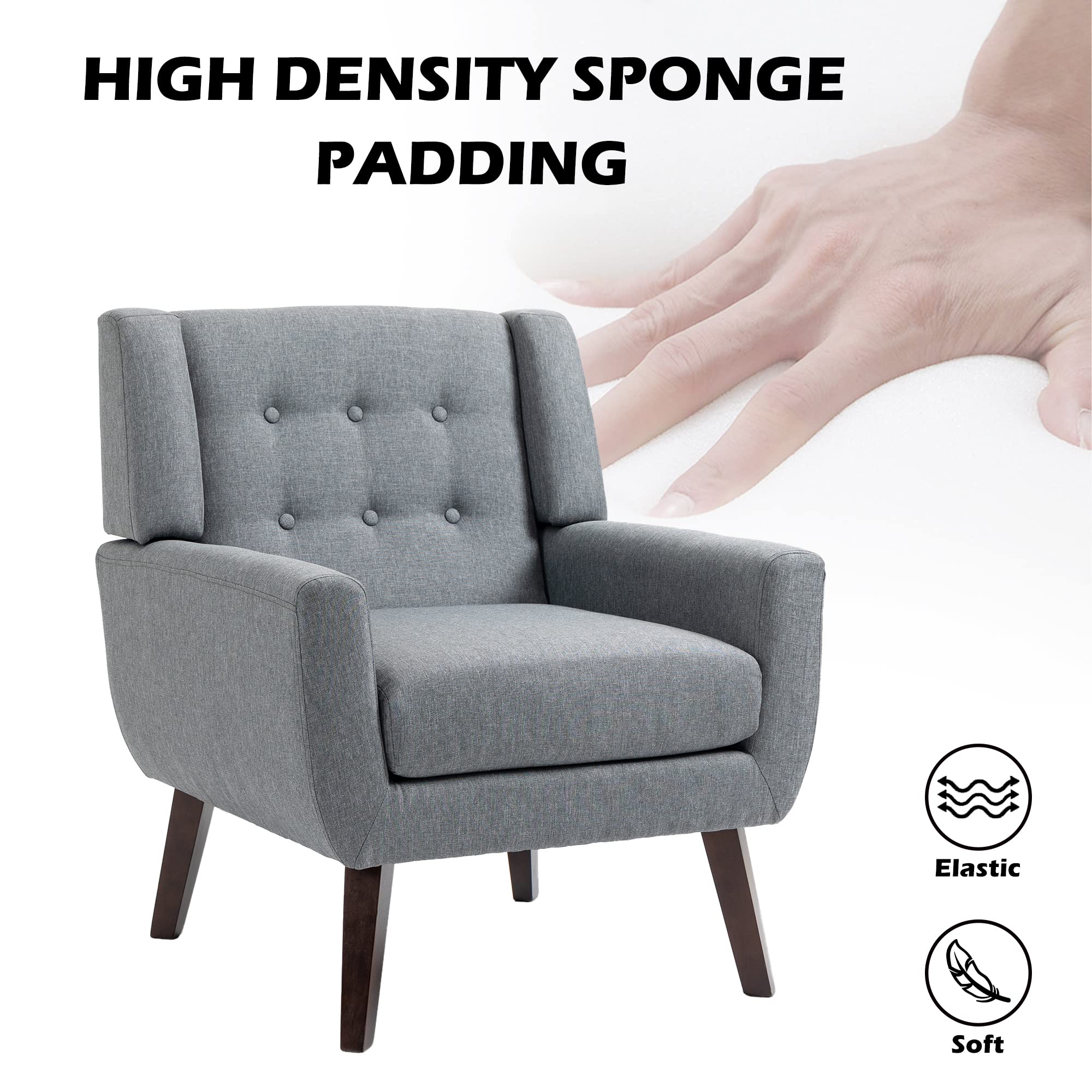 UIXE Comfy Arm Accent Chairs for Bedroom, Mid Century Modern Armchair Living Room Sofa Chair with Wooden Legs, Linen Fabric Button Tufted Upholstered Reading Chair for Home Office (Gray)