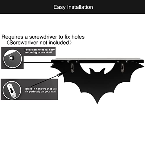 HZYSLYJ Bat Shelf Floating Shelves for Wall Decor,Black Wall Shelves for Bedroom-Halloween Wall Decor, Goth Room Decor-Black Hanging Shelves with 3 Key Hooks