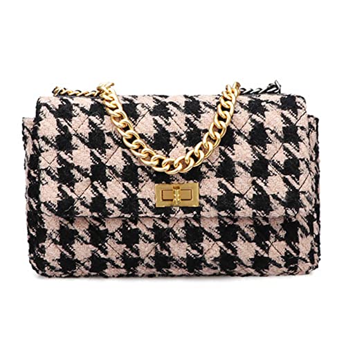 Women Houndstooth Shoulder Bag Ladies Fashion PU Leather Top Handle Woolen Cloth Crossbody Underarm Bag Satchel Purse Handbag (Coffee)