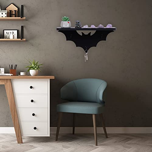 HZYSLYJ Bat Shelf Floating Shelves for Wall Decor,Black Wall Shelves for Bedroom-Halloween Wall Decor, Goth Room Decor-Black Hanging Shelves with 3 Key Hooks