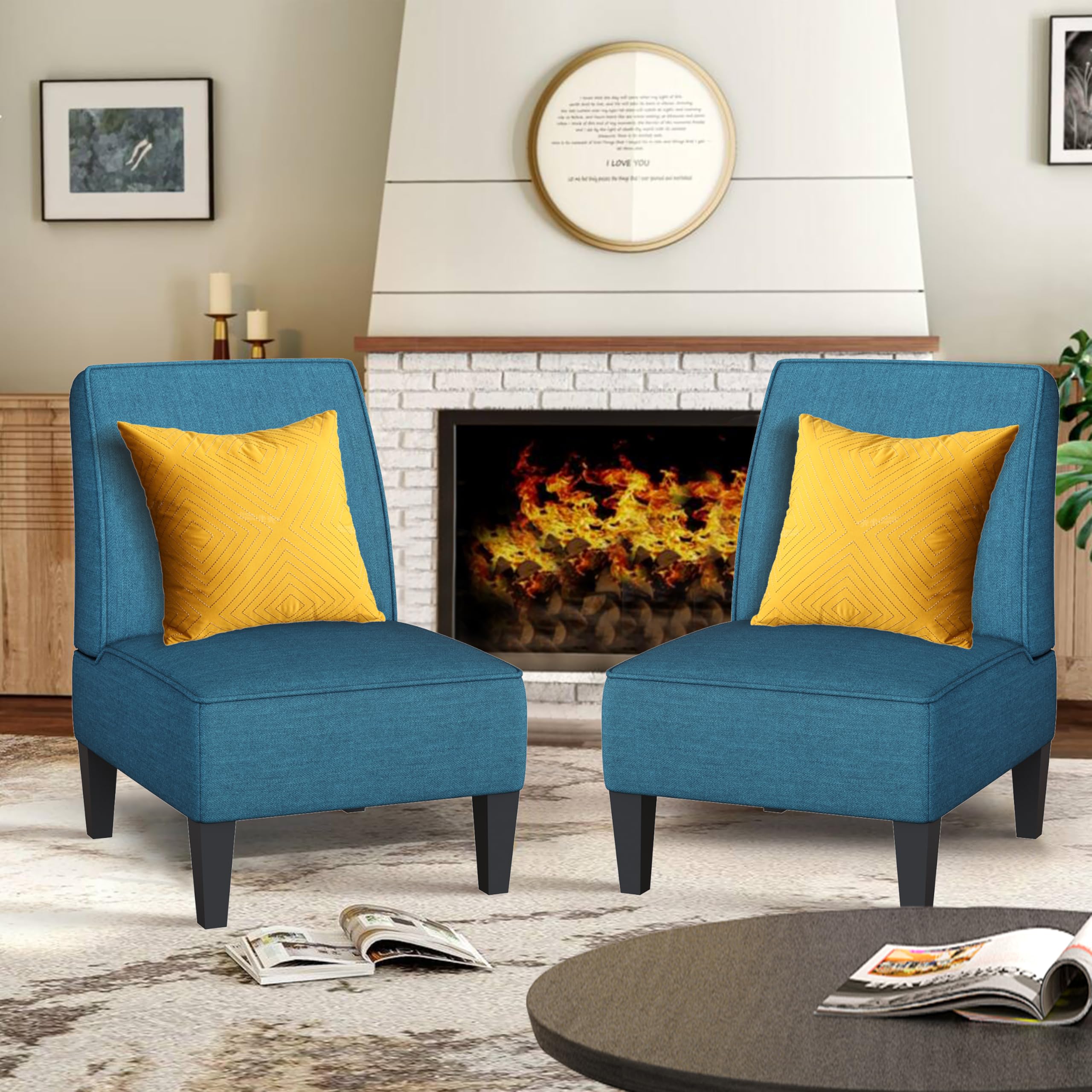 ALISH Accent Chairs Set of 2 Upholstered Living Room Chairs Armless Side Chairs Bedroom Chairs with Curved Backrest and Wooden Legs Blue