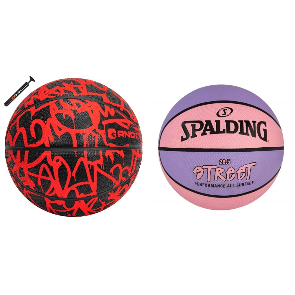 AND1 Fantom Rubber Basketball & Pump (Graffiti Series)- Official Size 7 (29.5”) Streetball, Made for Indoor and Outdoor Basketball Games (Red) & Spalding Street Pink Outdoor Basketball 28.5"