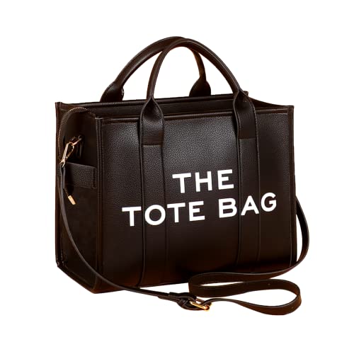 LooriGooya The Tote Bags for Women, Black Leather Tote Bag with Zipper Sturdy Cute Handbag, Tote Purse Crossbody Hand Bag for Work, School and Travel