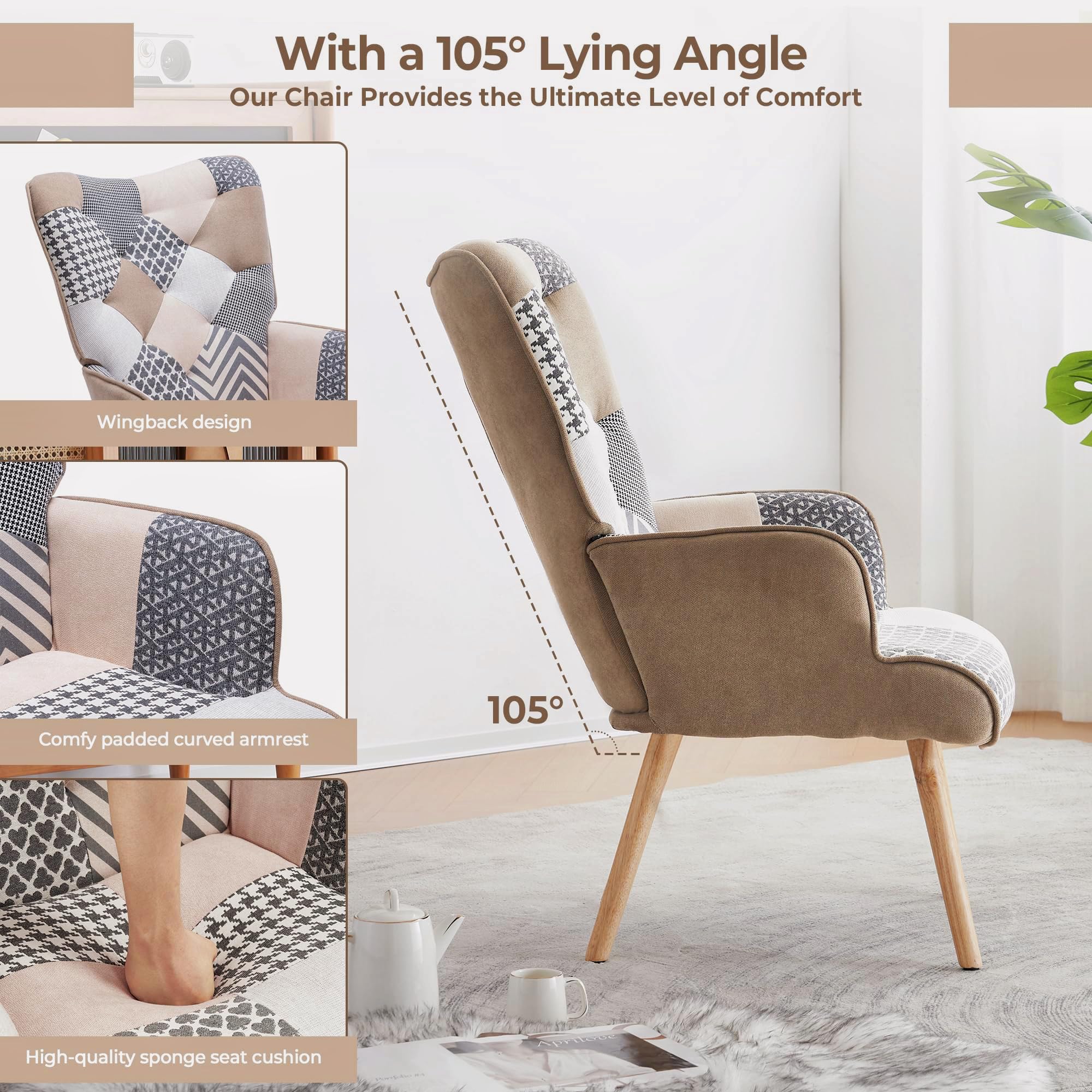 Bafode Accent Chair, Arm Chair for Living Room, Reading Chairs with High Back and Solid Wood Legs, Comfy Chairs for Bedroom, Boho Decor Patchwork Lounge Chair for Office or Balcony(Grey)