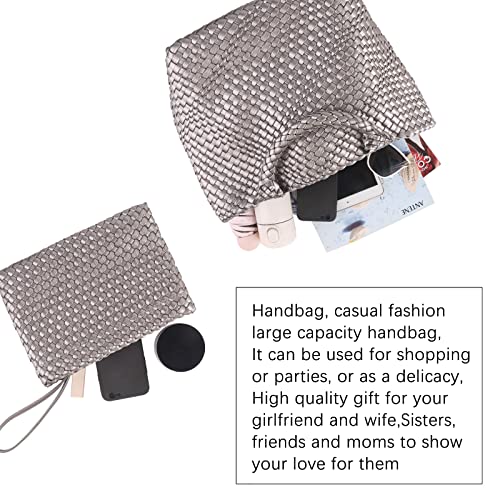 Woven Tote Bag, Women Macaron Soft Leather Weave Handbag Purse Wrist Bag Large Capacity Work Shopping Travel Daily (Silver)
