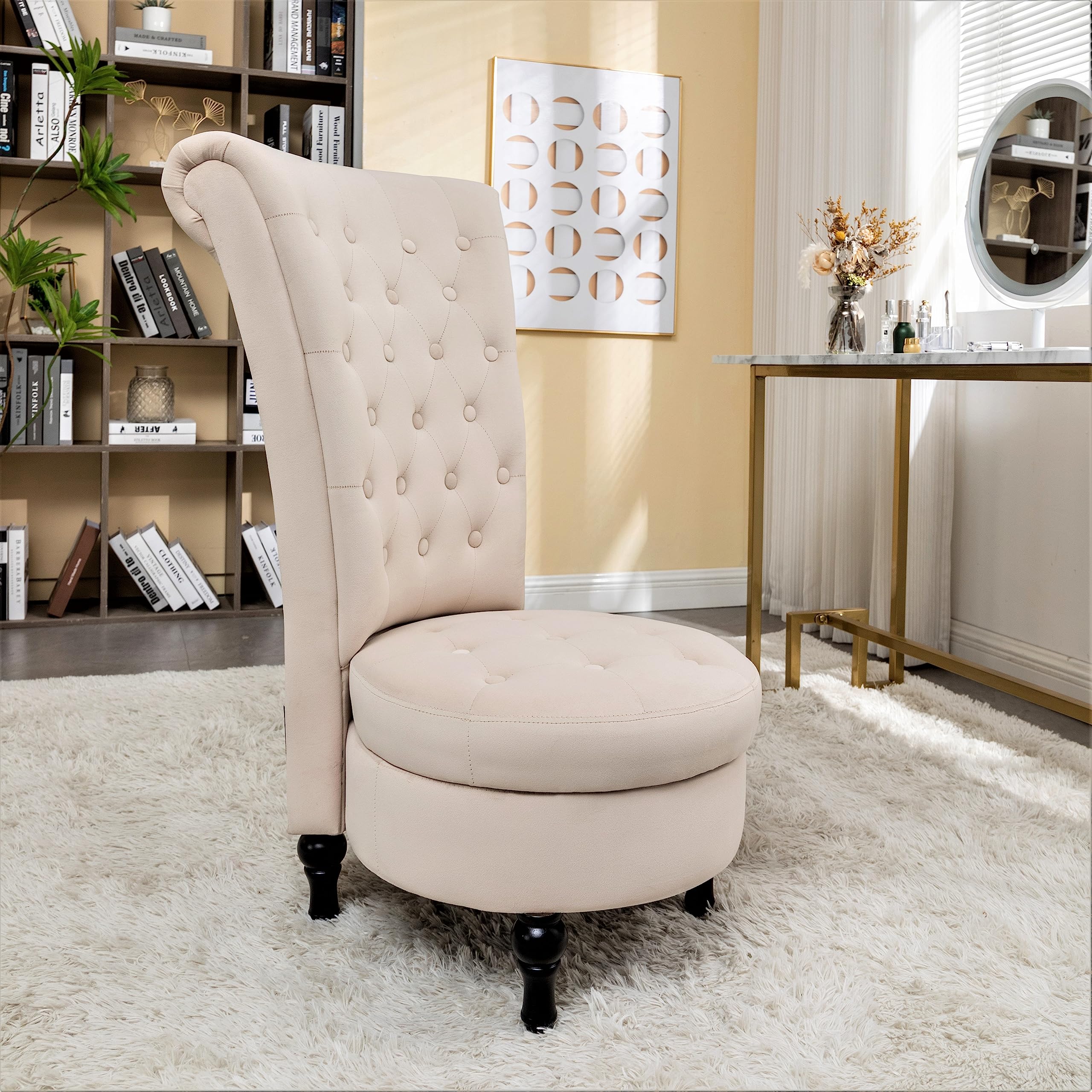 Container Furniture Direct Royal High-Back Velvet Accent Chair for Vanity with Storage and Luxurious Upholstery, Retro Design and Versatile Usage for Living Room, Bedroom, Lounge and Office, Ivory