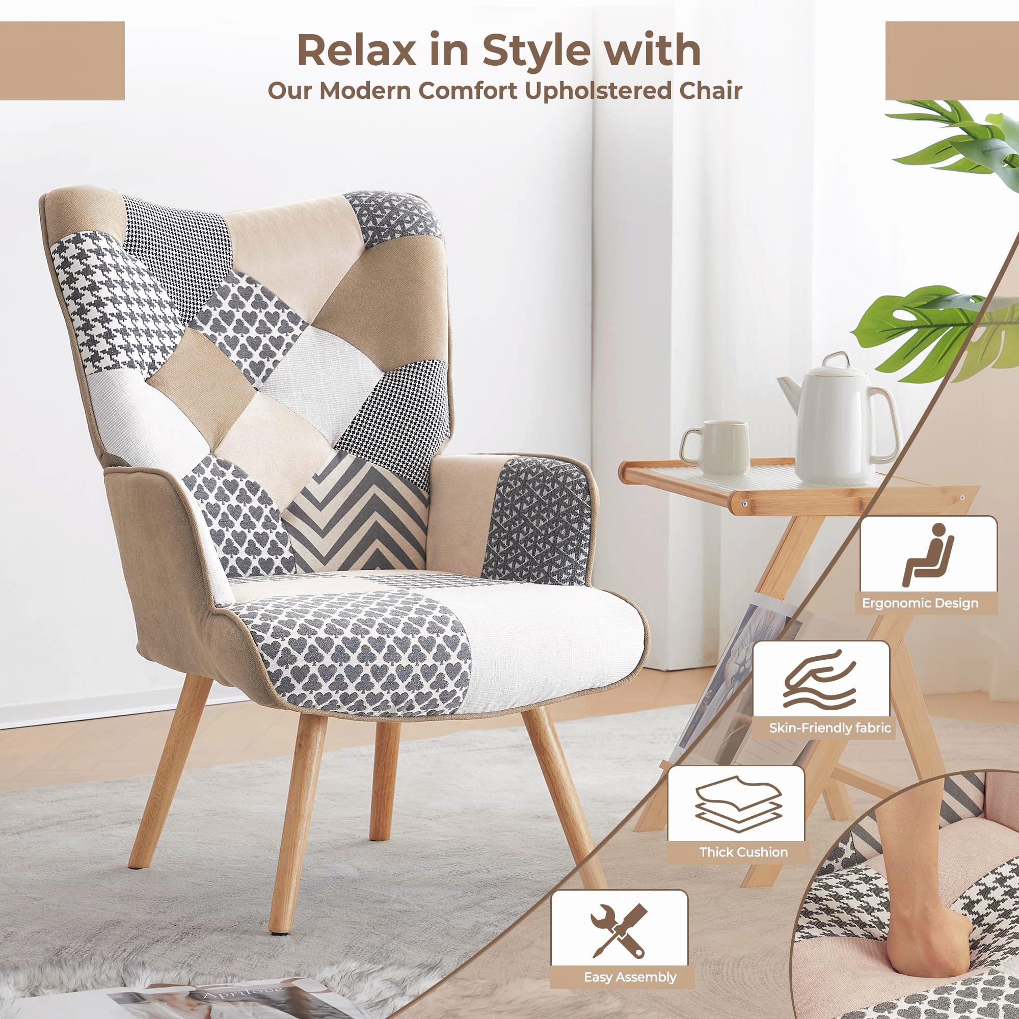 Bafode Accent Chair, Arm Chair for Living Room, Reading Chairs with High Back and Solid Wood Legs, Comfy Chairs for Bedroom, Boho Decor Patchwork Lounge Chair for Office or Balcony(Grey)