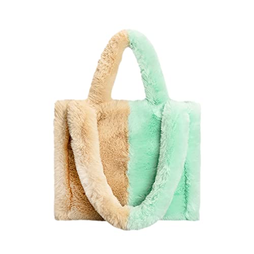 LMKIDS Fashion Plush women's bag, trendy women's shoulder bag, simple, luxury handbag, winter Tote Bag (Coffee&Green)