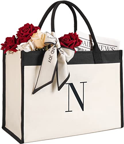 FNOLIA Birthday Gifts for Women Initial Canvas Tote Bag For Women Who have Everything Unique Gift for Teacher Mother Friends Female Mom Sister Her Large Beach Tote Letter N