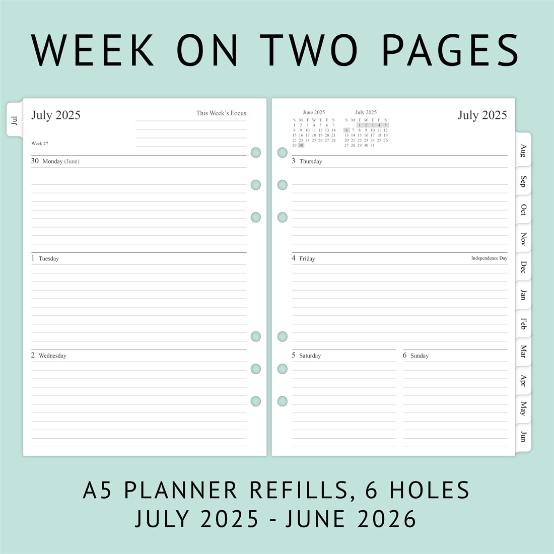 2023 Weekly & Monthly Planner Refill for A5 Ring Binder, 5-1/2" x 8-1/4", from January 2023 to December 2023, 6-Hole Punched