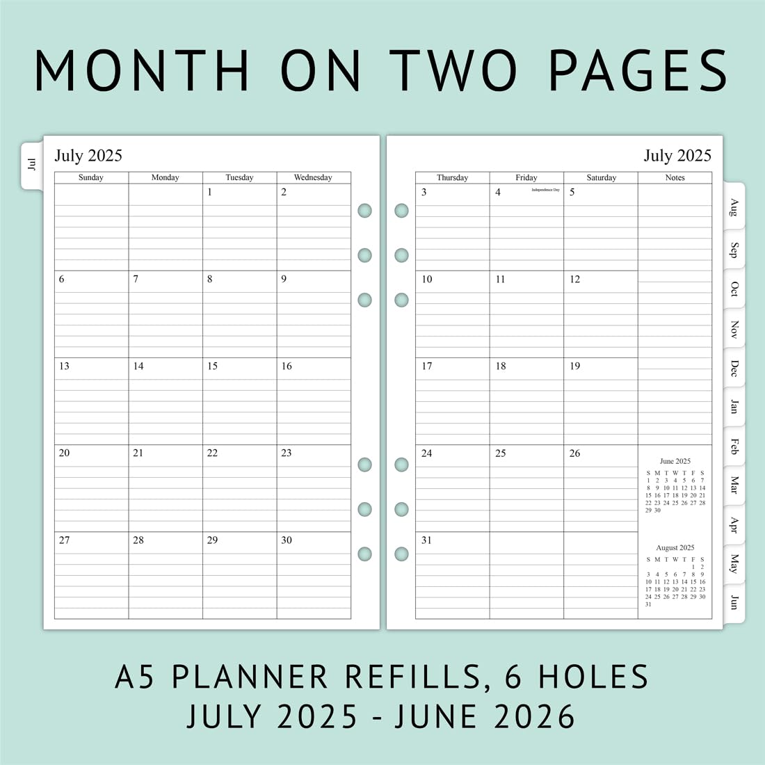 2023 Weekly & Monthly Planner Refill for A5 Ring Binder, 5-1/2" x 8-1/4", from January 2023 to December 2023, 6-Hole Punched