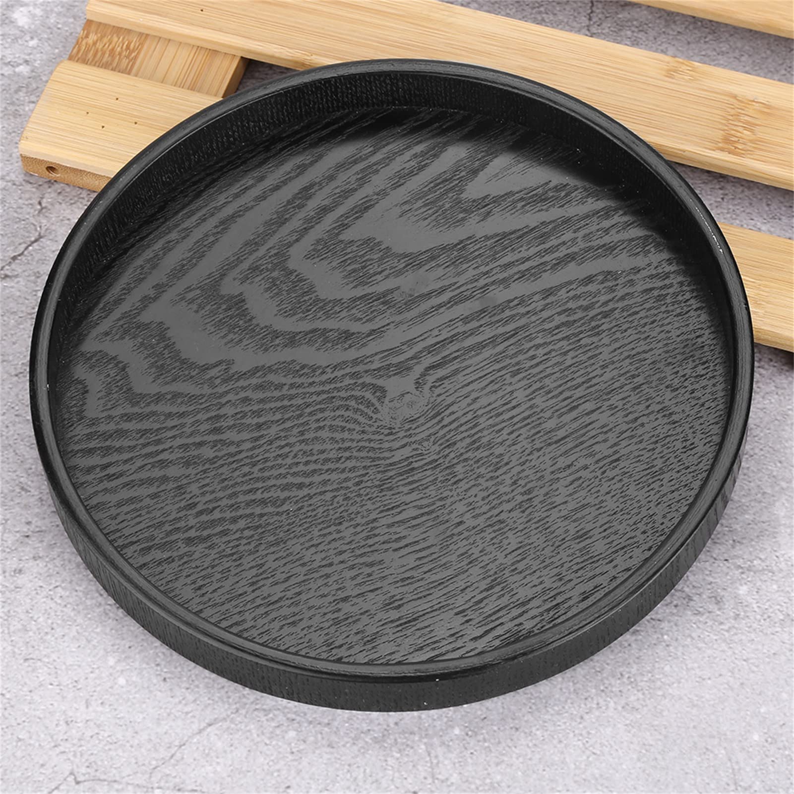 Round Natural Wooden Tray Black Coffee Snack Food Meals Transfer Tray Table Decor Tray Multipurpose Serving Tray for Cafe Restaurant Hotel Home Shop (L 27cm)